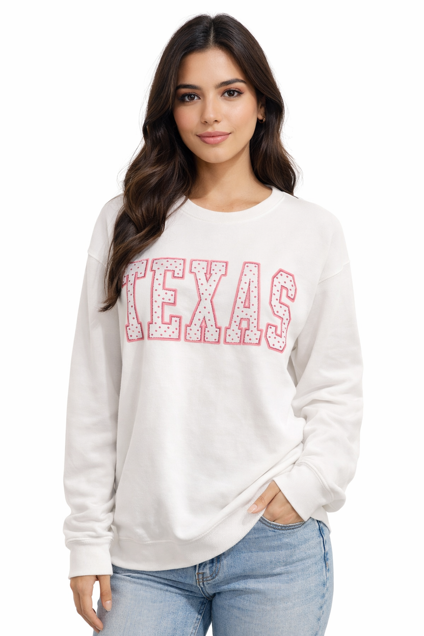 Texas Pink Polka-Dot Chenille Lettering Crew Sweatshirt – Texas Life ...